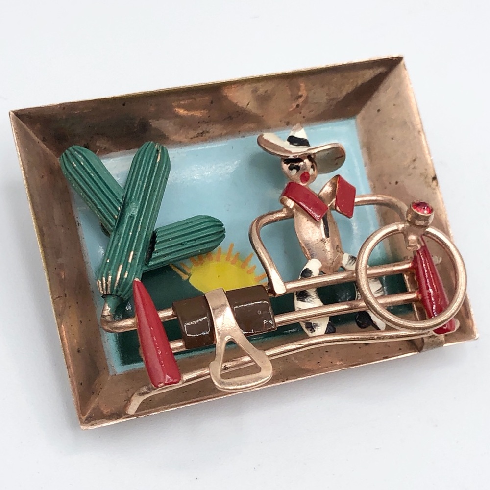 Antique Shadow Box Panorama Western Cowboy Pin - Gem